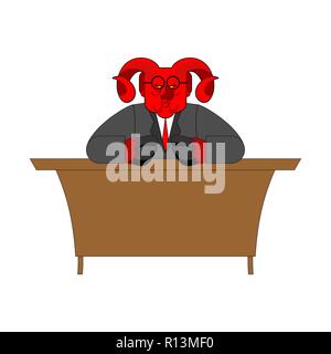 Red demon Boss at job table. Satan leader sitting in office. Devil of ...