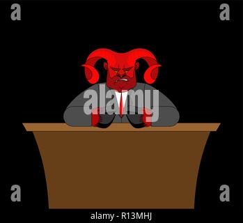 Red demon Boss at job table. Satan leader sitting in office. Devil of ...