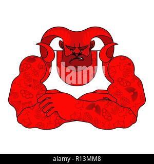 Devil strong. Red demon big. Horned Satan. Angry Asmodeus vector ...