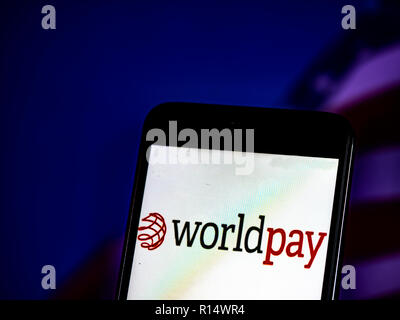Worldpay Company logo seen displayed on smart phone. Worldpay Group plc ...