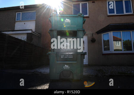 General view of recycling bins on a residential street in Mochdre ...