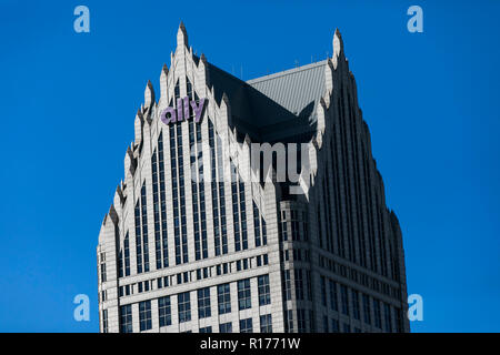 A logo sign outside of the Ally Detroit Center, the headquarters of ...