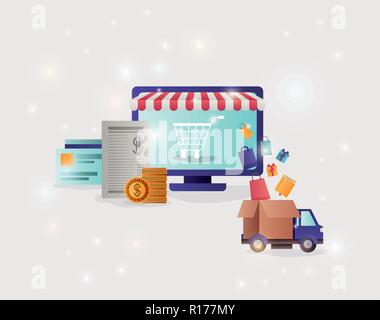 computer with parasol and ecommerce icons Stock Vector Image & Art - Alamy