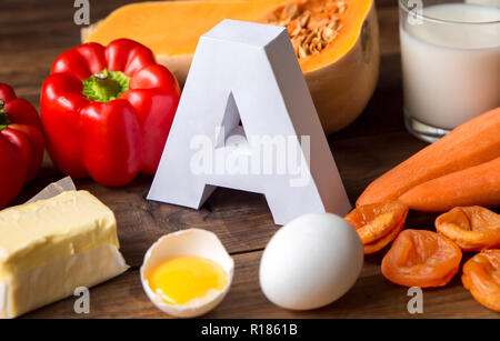 Food sources of natural vitamin A and letter A. Front view. Healthy ...