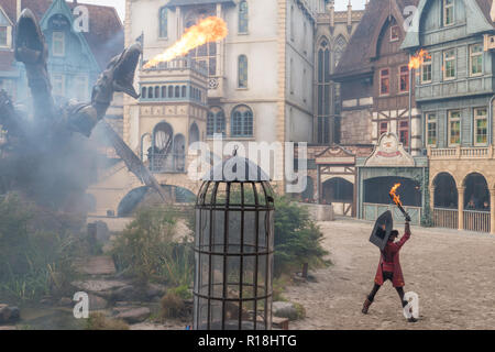 Ravelijn show in Efteling. Mechanical dragon / hydra monster breathing ...