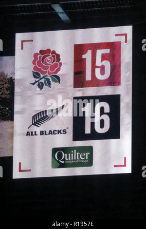 A scoreboard displays the final score after a baseball game between the ...