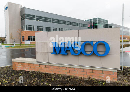 A logo sign outside of the headquarters of the Masco Corporation in ...