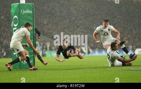 New Zealand's Damian McKenzie scores their side's third try during the ...