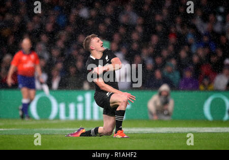 New Zealand's Damian McKenzie celebrates scoring their side's third try ...