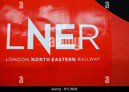The London North Eastern Railway (LNER) logo on an Azuma locomotive ...