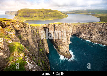 Leitisvatn or Sorvagsvatn - lake above the ocean on Vagar Island, Faroe ...