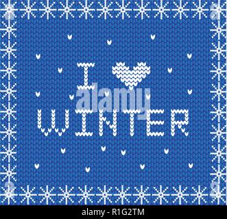 Hello winter white knit lettering typography on blue knitted textile ...