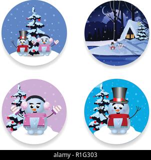 Christmas, new year round signs set with cute cartoon characters ...
