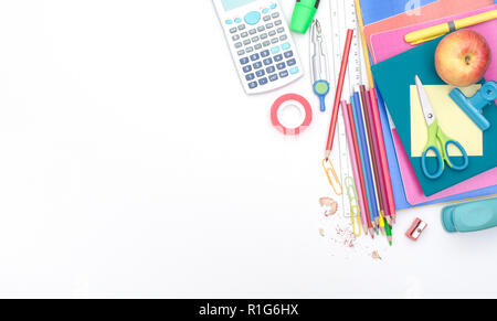 Back to school background header on white. Colorful school items Stock ...