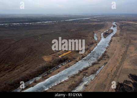 Russian steppe aerial view at the Volga Delta of Astrakhan region ...