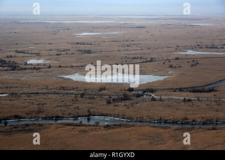 Russian steppe aerial view at the Volga Delta of Astrakhan region ...