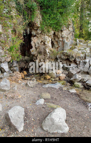 little grotto in the forest with water water that seeps between the ...