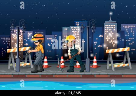 Construction worker working at night illustration Stock Vector Image ...