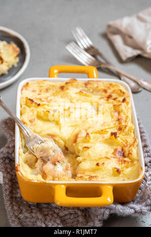 Fish pie with shrimp topped with mashed potato Stock Photo - Alamy
