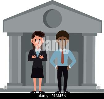 Bankers business teamwork over bank building vector illustration ...