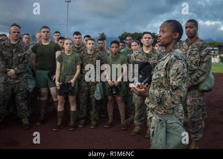 Lt. Col. Marshalee E. Clarke, the commanding officer of Headquarters Battalion, addresses ...