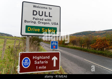 Road sign at Scottish village called Dull near Aberfeldy in Perthshire ...
