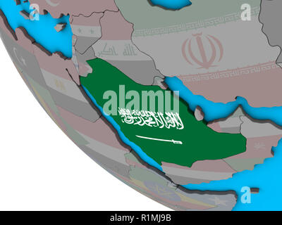 Saudi Arabia with embedded national flag on simple political 3D globe ...