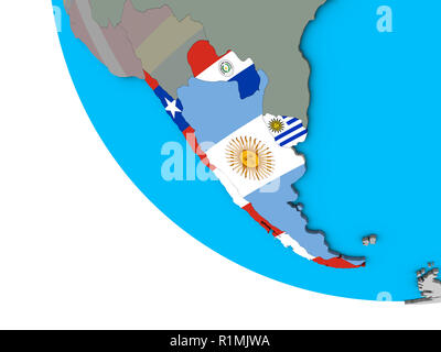 Southern Cone with embedded national flags on simple political 3D globe ...