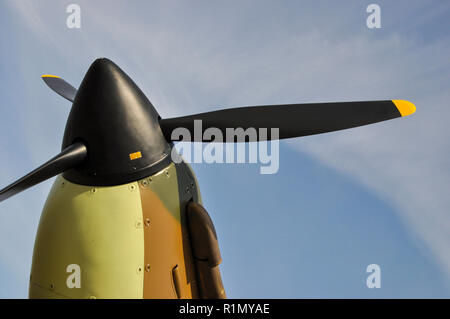 Aircraft airplane spinner and propeller. In flight turbo-prop engine ...