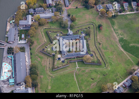 helicopter aerial view of Fort Jay, a coastal star fort and the name of ...