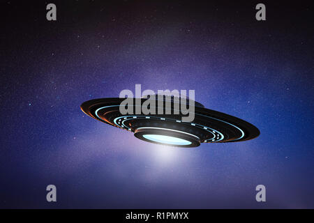 Alien spaceship in flight, UFO spacecraft isolated on white background ...