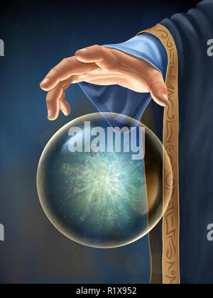 Digital illustration of wizard hand and a magical swirling crystal ball ...