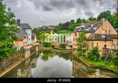 River with houses and bridges in Luxembourg, Benelux, HDR Stock Photo ...