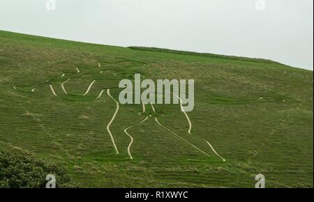 Ancient chalk carving of the Cerne Giant on a hillside near the village ...