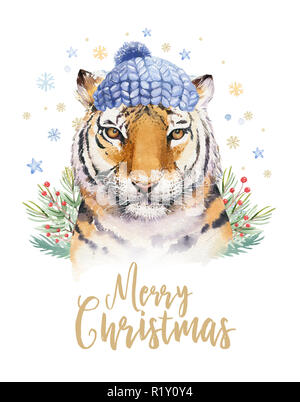 Merry Christmas watercolor lettering with isolated cute cartoon ...