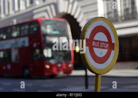Temporary Bus Stop sign in Southend on Sea, Essex, UK. Bright circular ...