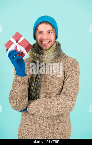 Discover the beauty of winter. Bearded man santa hat. Emotional brutal ...