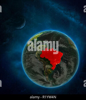Brazil at night from space with Moon and Milky Way. Detailed planet ...