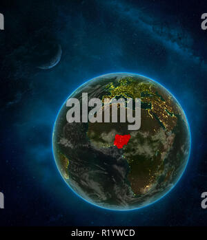 Nigeria at night from space with Moon and Milky Way. Detailed planet ...