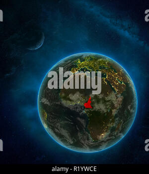Cameroon at night from space with Moon and Milky Way. Detailed planet ...
