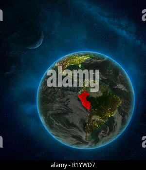 Peru from space on Earth surrounded by space with Moon and Milky Way ...