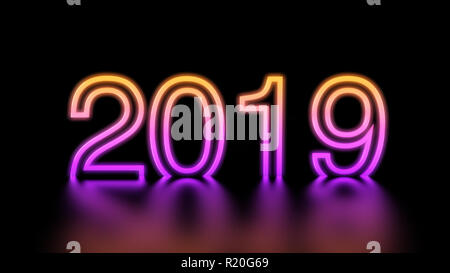 2019 year neon light on brick wall background. Glowing large numbers 3D ...