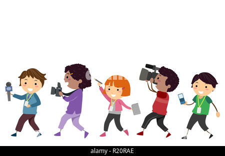 Illustration of Stickman Kids Holding Camera, Mic, Newspaper and Notes ...