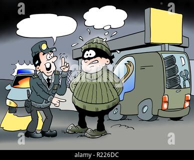 Cartoon illustration of an officer who speaks with a bandit Stock Photo ...