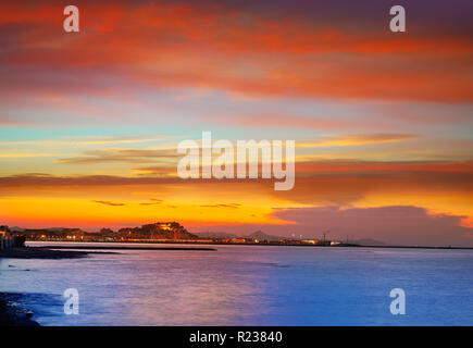 Denia sunset skyline from Las Rotas in Alicante of Mediterranean Spain ...