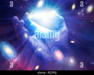 Conceptual illustration of creation. A hand is shown holding a sphere ...