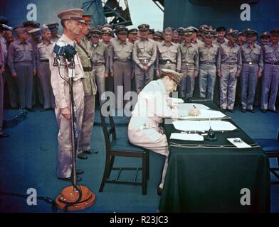 World War II, Douglas MacArthur, Admiral Chester Nimitz signs Japan ...