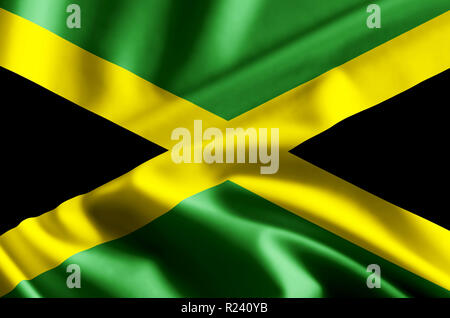 Jamaica 3D waving and closeup flag illustration with reflections. Usable for background and ...