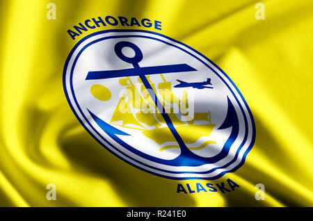 Anchorage Alaska 3D waving and closeup flag illustration with ...