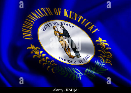 Kentucky 3D waving and closeup flag illustration with reflections ...